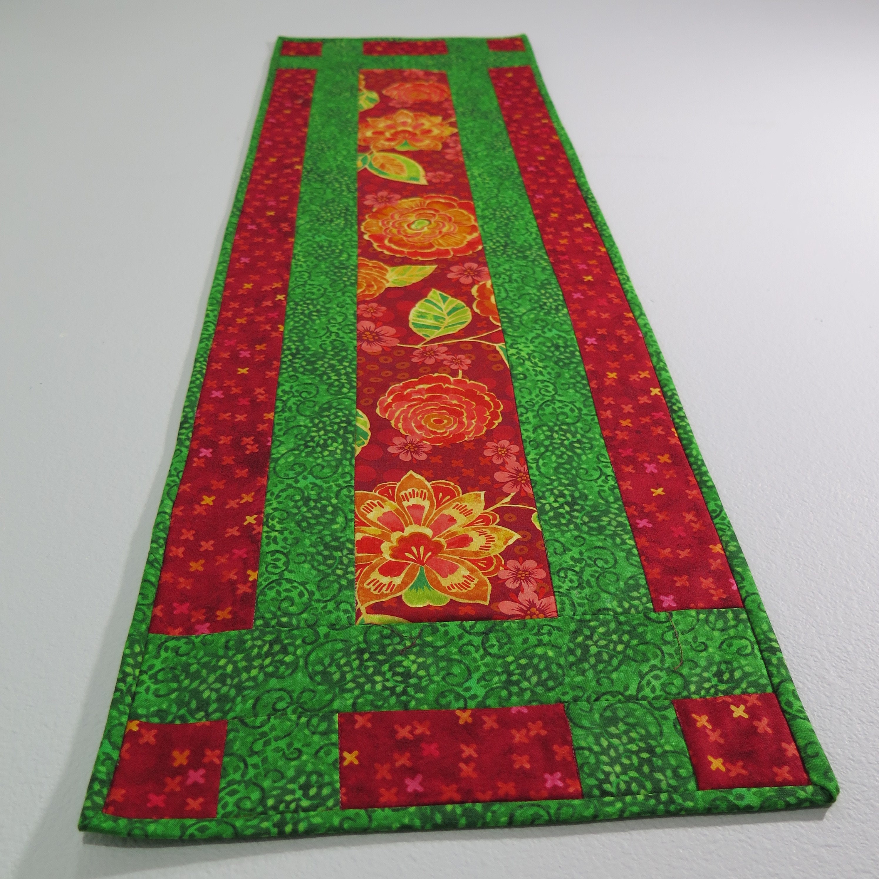 Handmade Quilted Red and Green Table Runner Colorful Flower Furniture ...