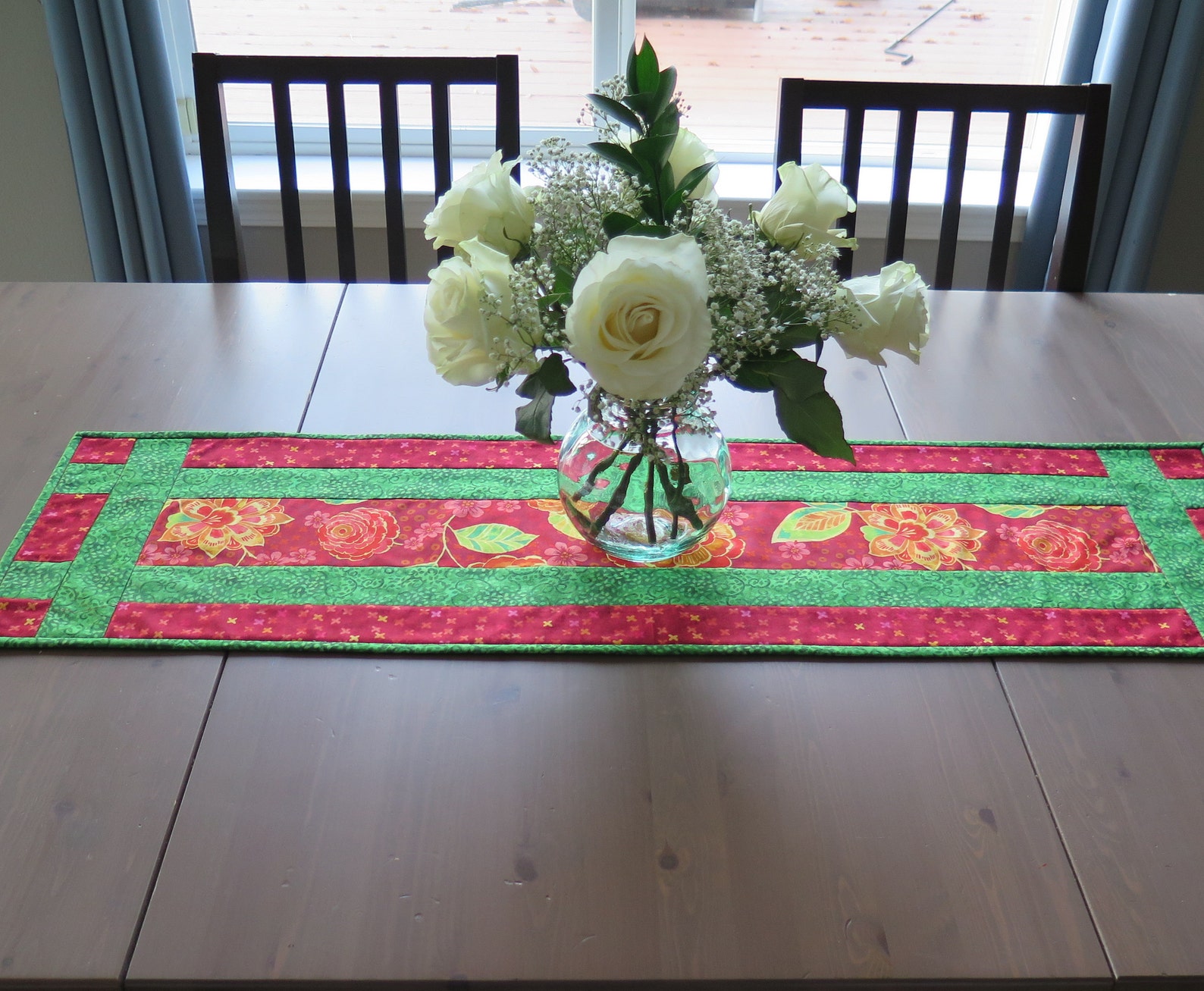 Handmade Quilted Red and Green Table Runner Colorful Flower Furniture ...