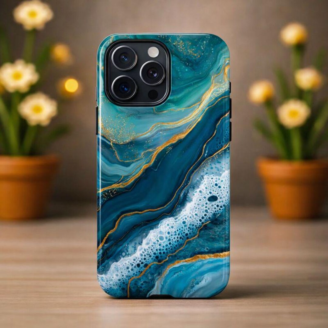 3D Teal Gold Marble Phone Case, Ocean Wave Agate Pattern, Protective ...