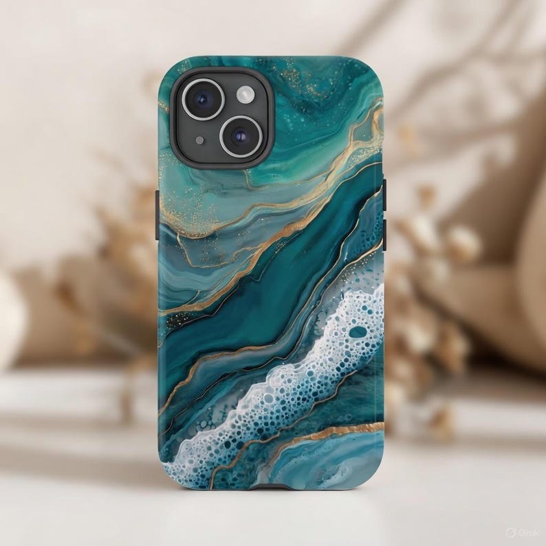 3D Teal Gold Marble Phone Case, Ocean Wave Agate Pattern, Protective ...