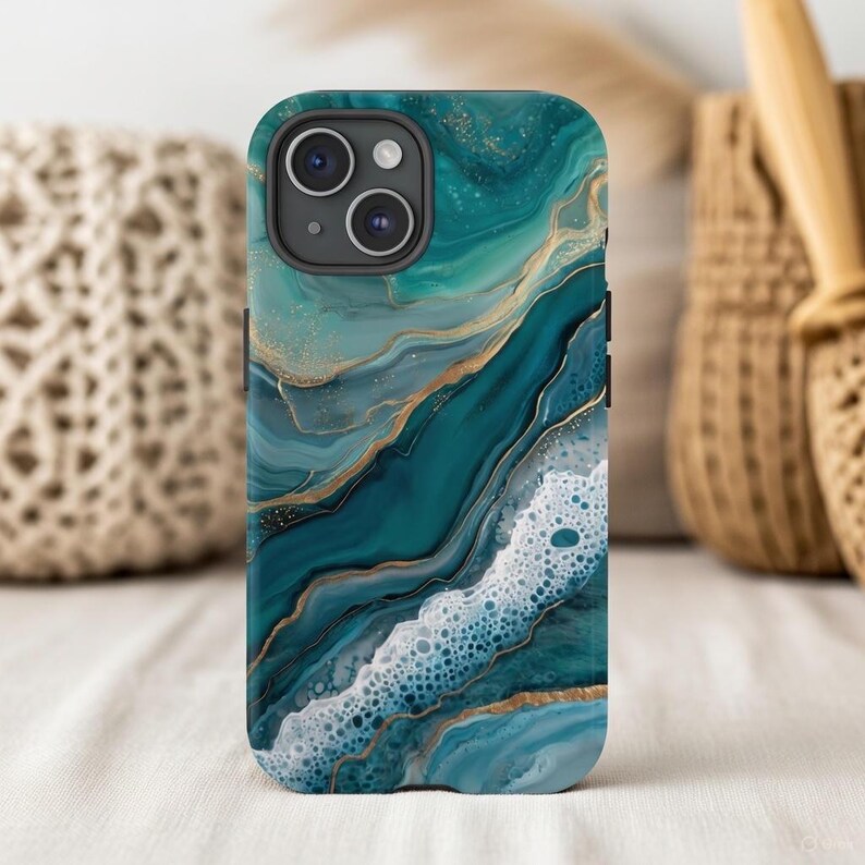 3D Teal Gold Marble Phone Case, Ocean Wave Agate Pattern, Protective ...