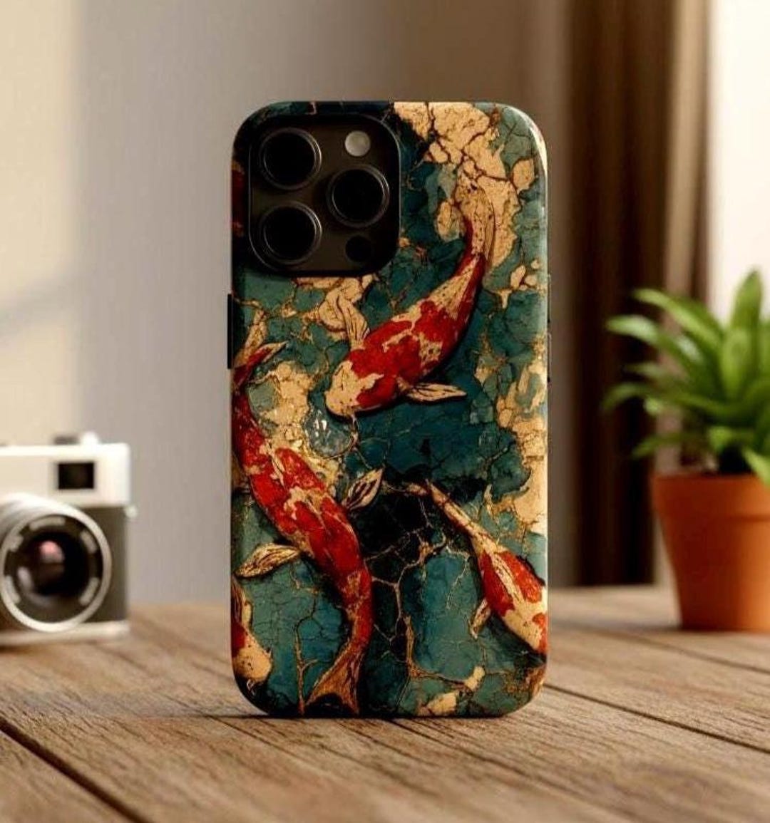 Trendy 3D Koi Fish Marble Art Phone Case, Blue Gold Water Design ...
