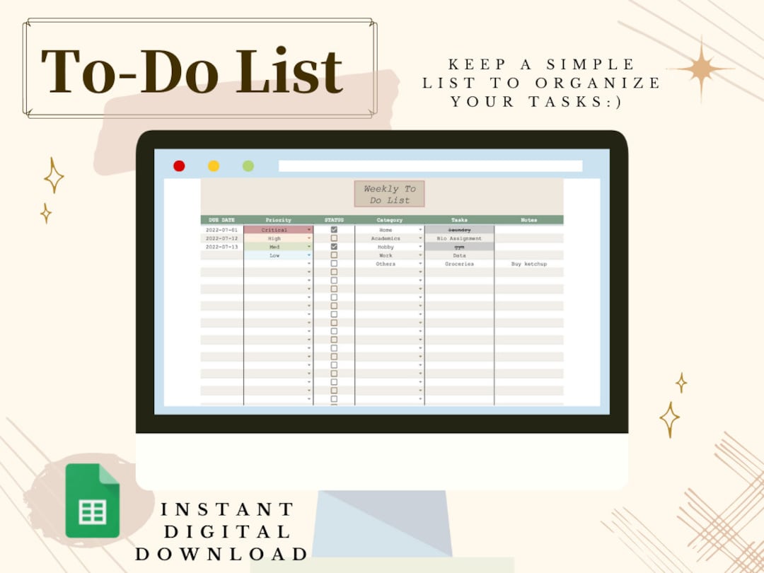 Google Sheets Digital to Do List | Editable Template | Minimalist ...
