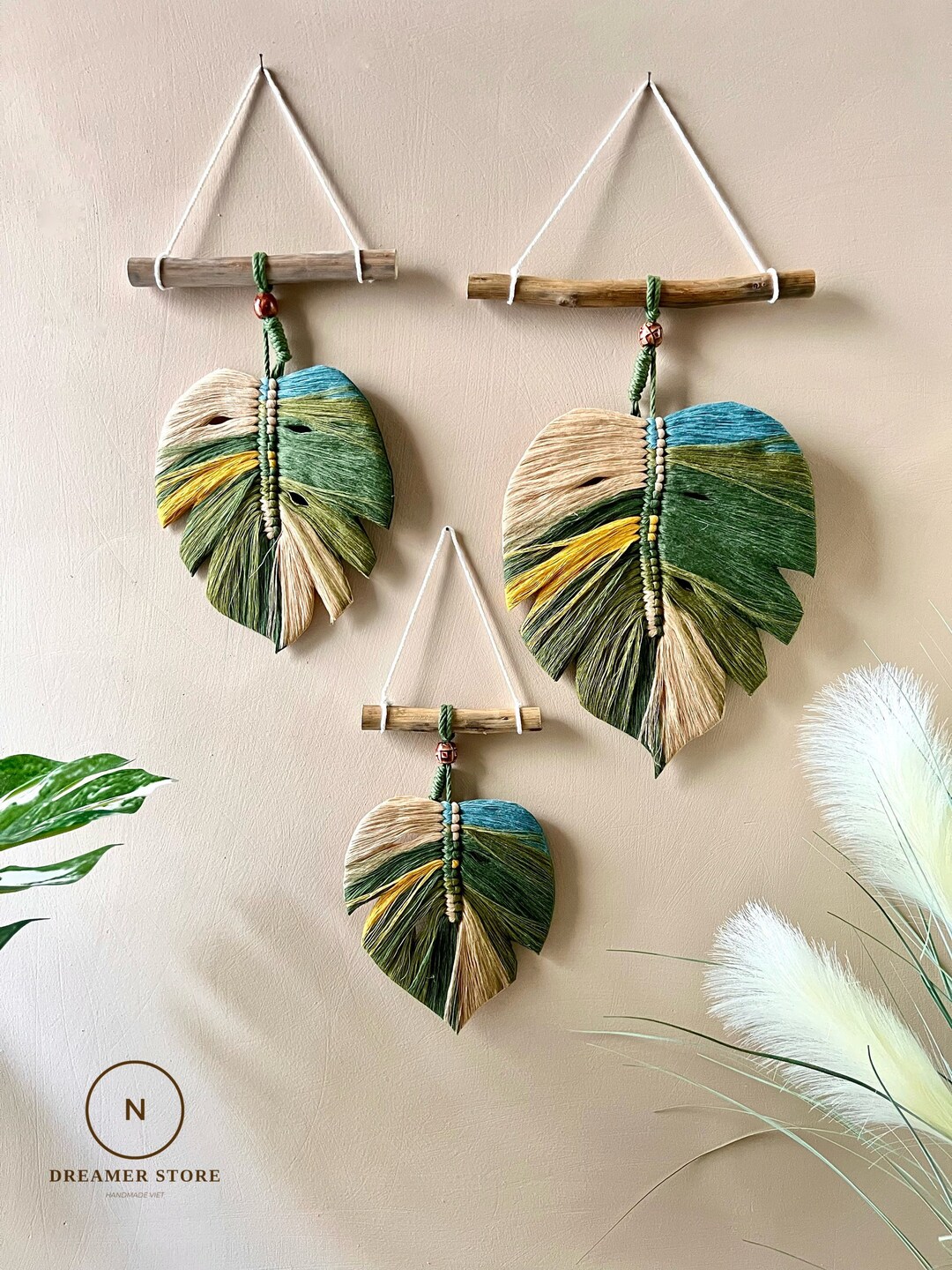 Monstera Macrame Leaves Wall Decoration, Modern Decorative Macrame Leaves, Colorful Macrame ...