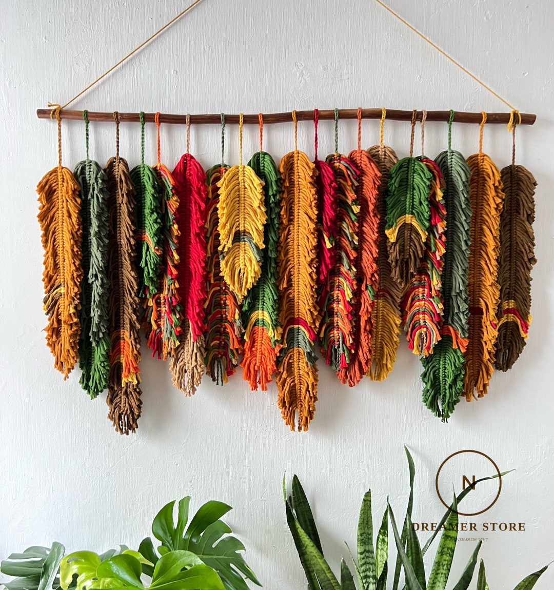 Rustic Handmade Leaves Hanging on the Wall, Macrame Feather Wall ...