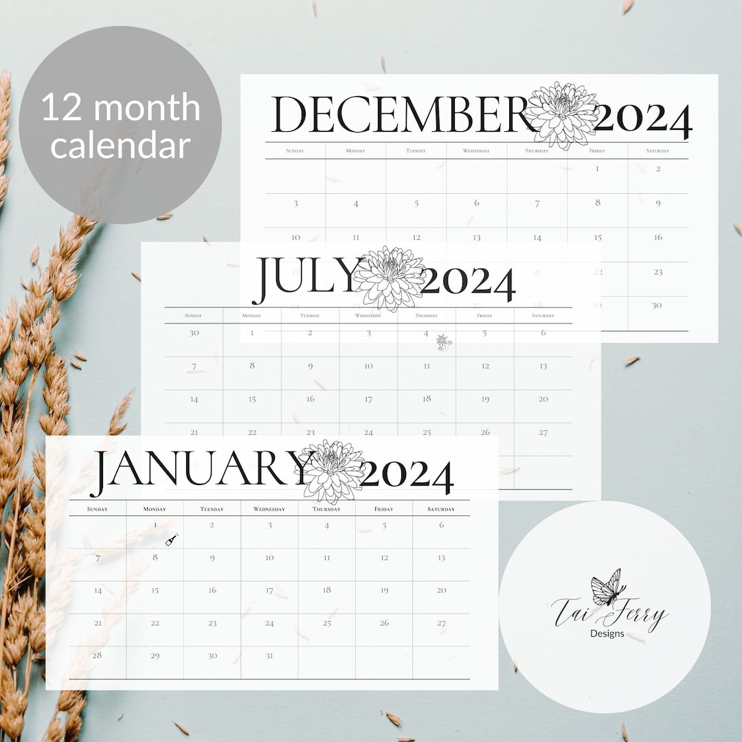 2024 Calendar, Printable Monthly Calendar, Digital Download, Monthly ...