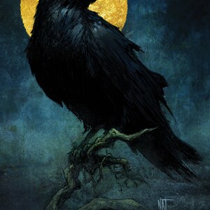 Golden Moon Raven, 6 by 9, Print, Nat Jones, Raven, Crow, Black Bird ...