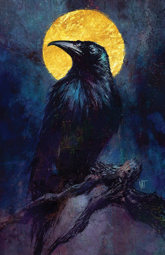 Raven Art Print Nat Jones 6 by 9 inch crow black bird | Etsy
