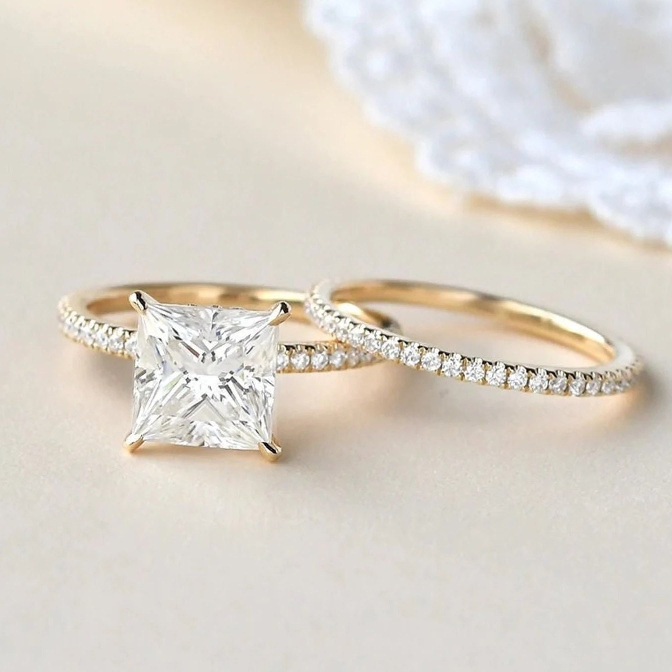 2 CT Princess Cut Moissanite Diamond Engagement Ring Set - Etsy