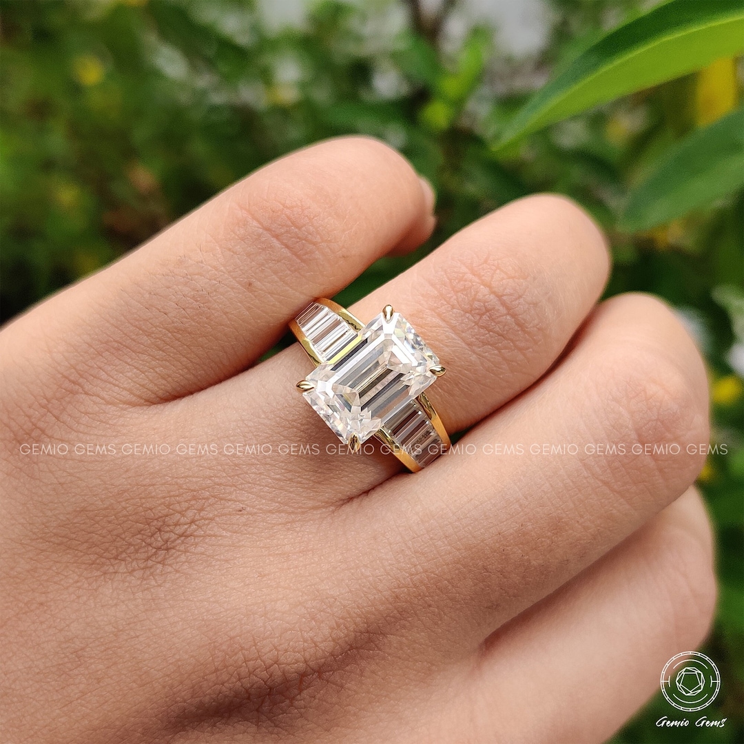 Unique Channel Set Baguette Diamond Ring, 5.36ct Emerald Cut Moissanite ...