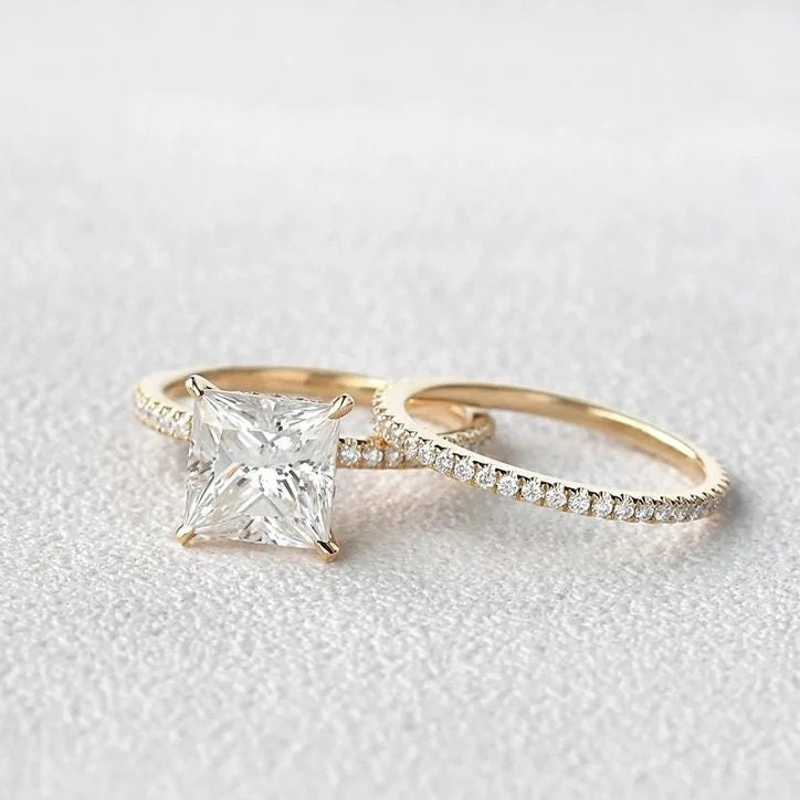 2 CT Princess Cut Moissanite Diamond Engagement Ring Set - Etsy