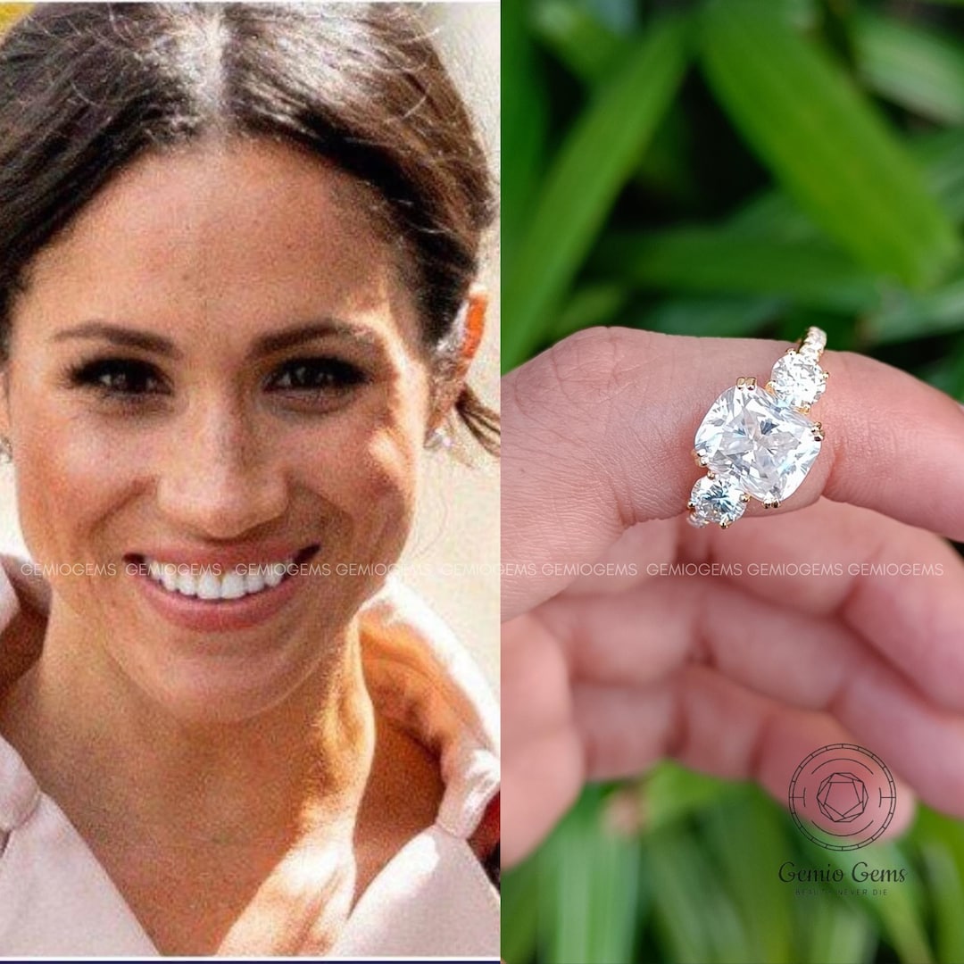 Meghan Markle Ring, 2.7 CT Cushion Cut Moissanite Engagement Ring, 925 Sterling Silver Three ...