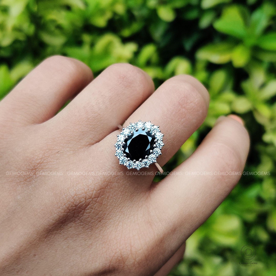 Princess Diana Replica Ring, Black Moissanite With Diamond Halo Ring ...