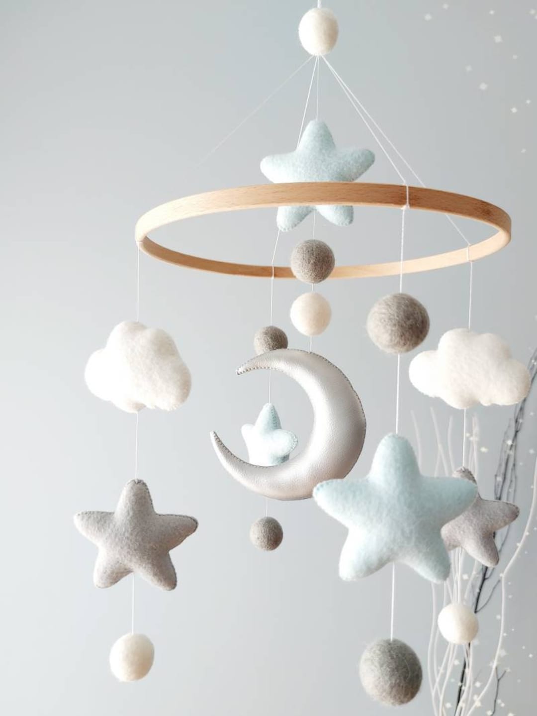 Neutral Baby Mobile, Faux Leather and Felt, Wool Balls Crib Mobile ...