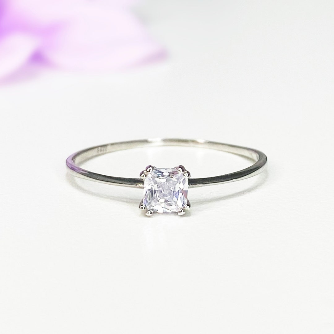 Dainty Solitaire Ring Silver Square Cut CZ Diamond Women. Delicate ...