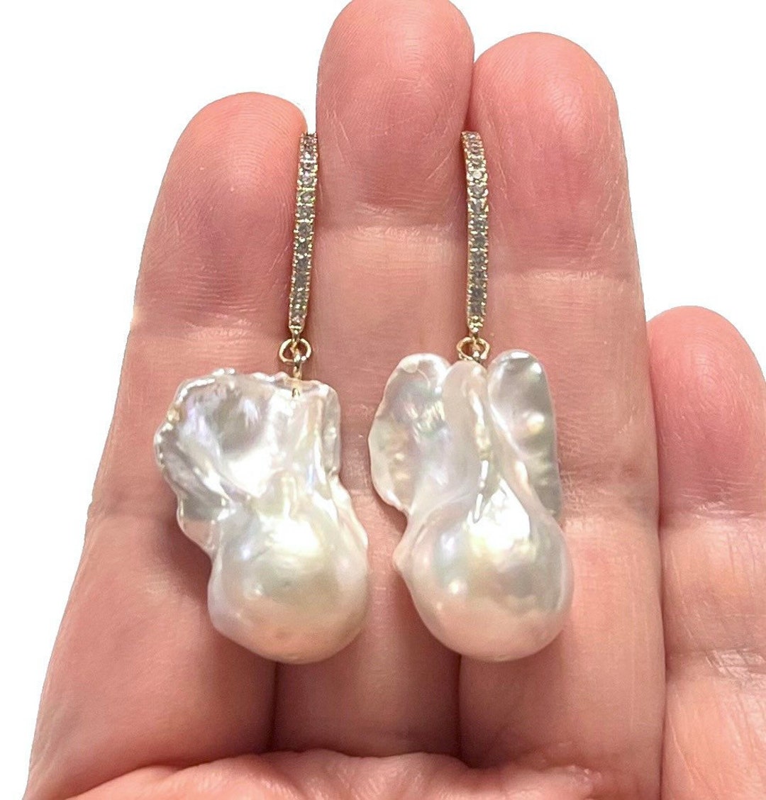 14x28mm Baroque Pearl Drop Earrings Large Baroque Pearl Ear Etsy