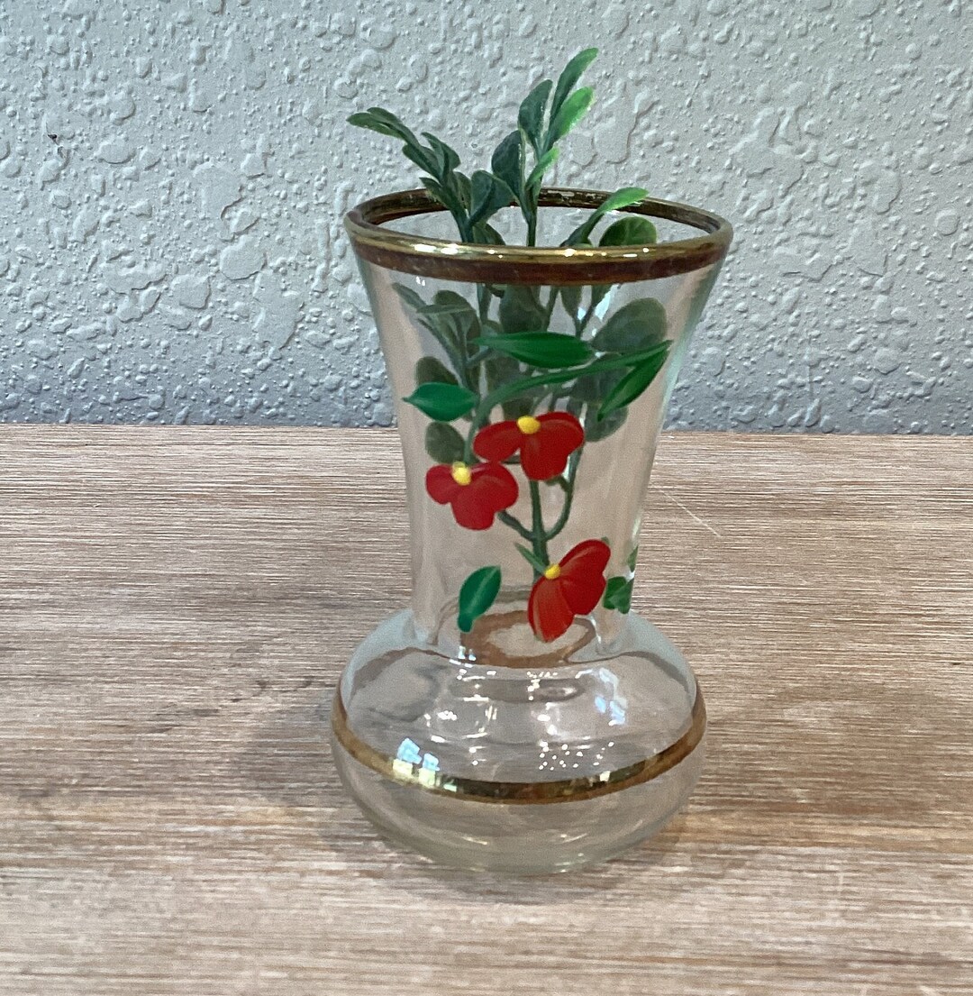 Vintage Small Glass Vase With Hand Painted Flowers and Gold Trim - Etsy
