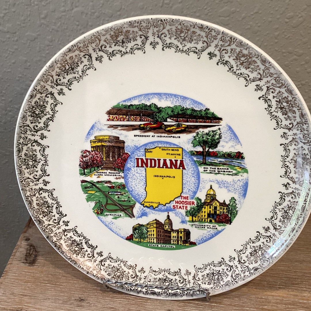 Vintage Indiana State Souvenir Plate With Lacy Gold Border - Etsy