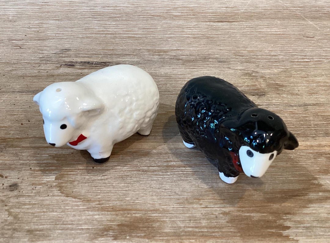Set of Ceramic Sheep Salt and Pepper Shakers Black White Made in Taiwan ...