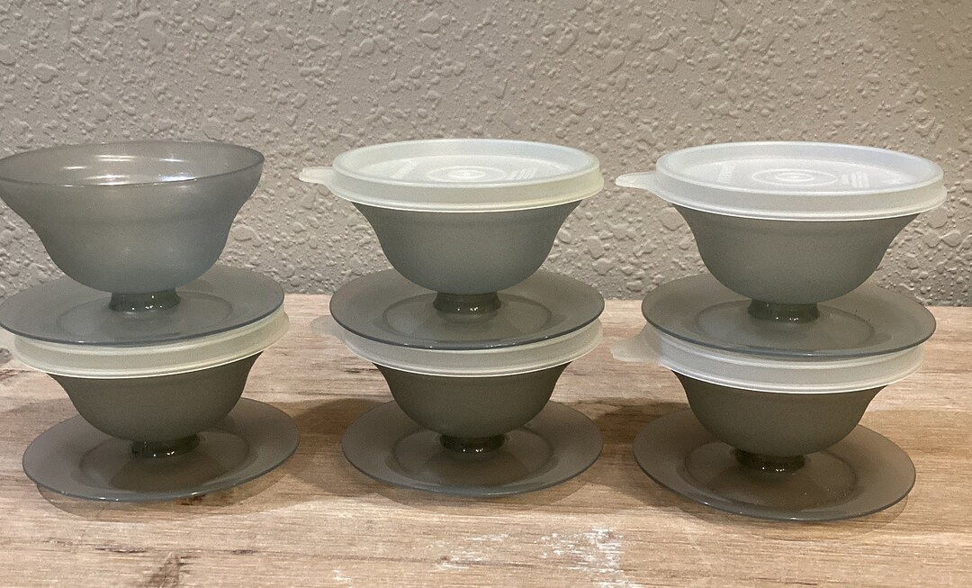 Set of 6 Vintage Gray 8 Oz. Tupperware Dessert Dishes One Lid Missing ...