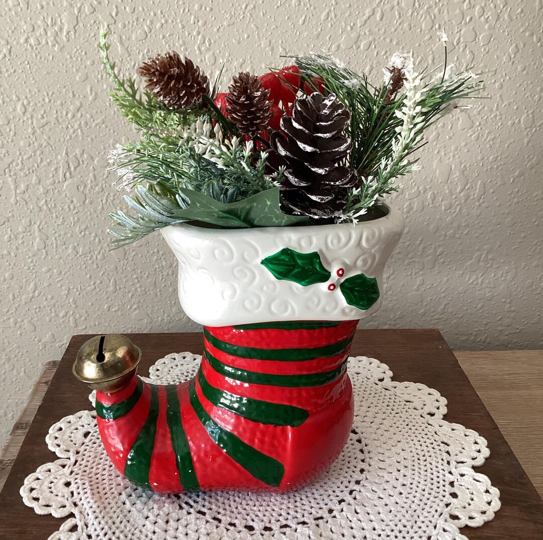 Striped Ceramic Santa/elf Boot/stocking Planter Alco Industries - Etsy