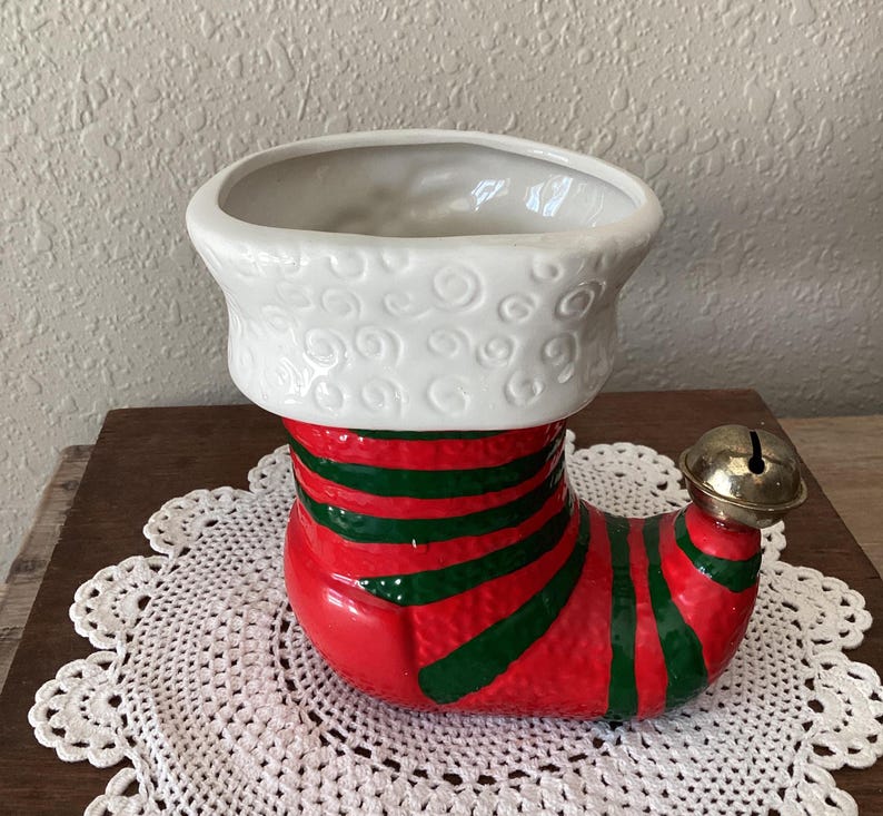 Striped Ceramic Santa/elf Boot/stocking Planter Alco Industries - Etsy