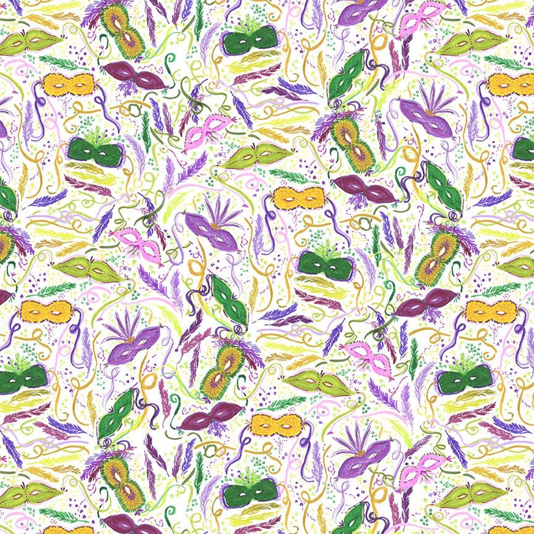 Dear Stella New Orleans Themed Fabric Mardi Gras Masquerade White ...