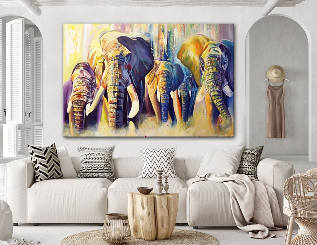 Large Elephant Painting, Elephant Centerpiece, Elephant Canvas, Unique ...