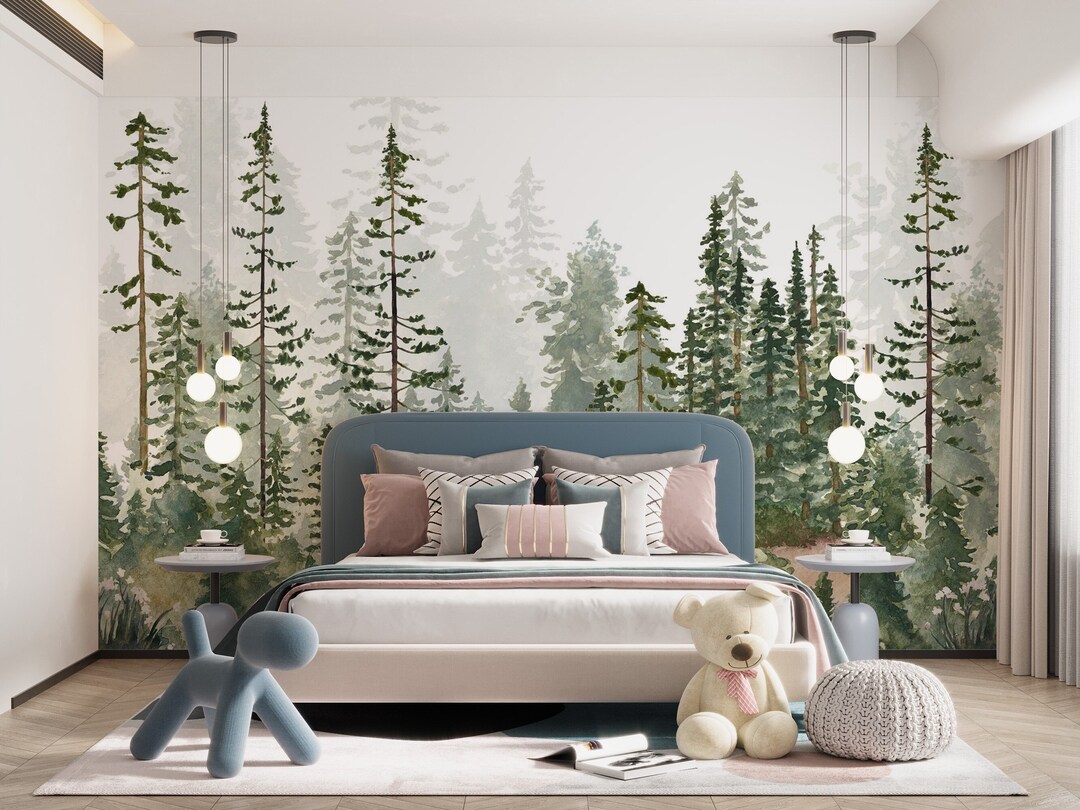 Watercolor Pine Tree Forest Peel and Stick Wallpaper Woodland - Etsy