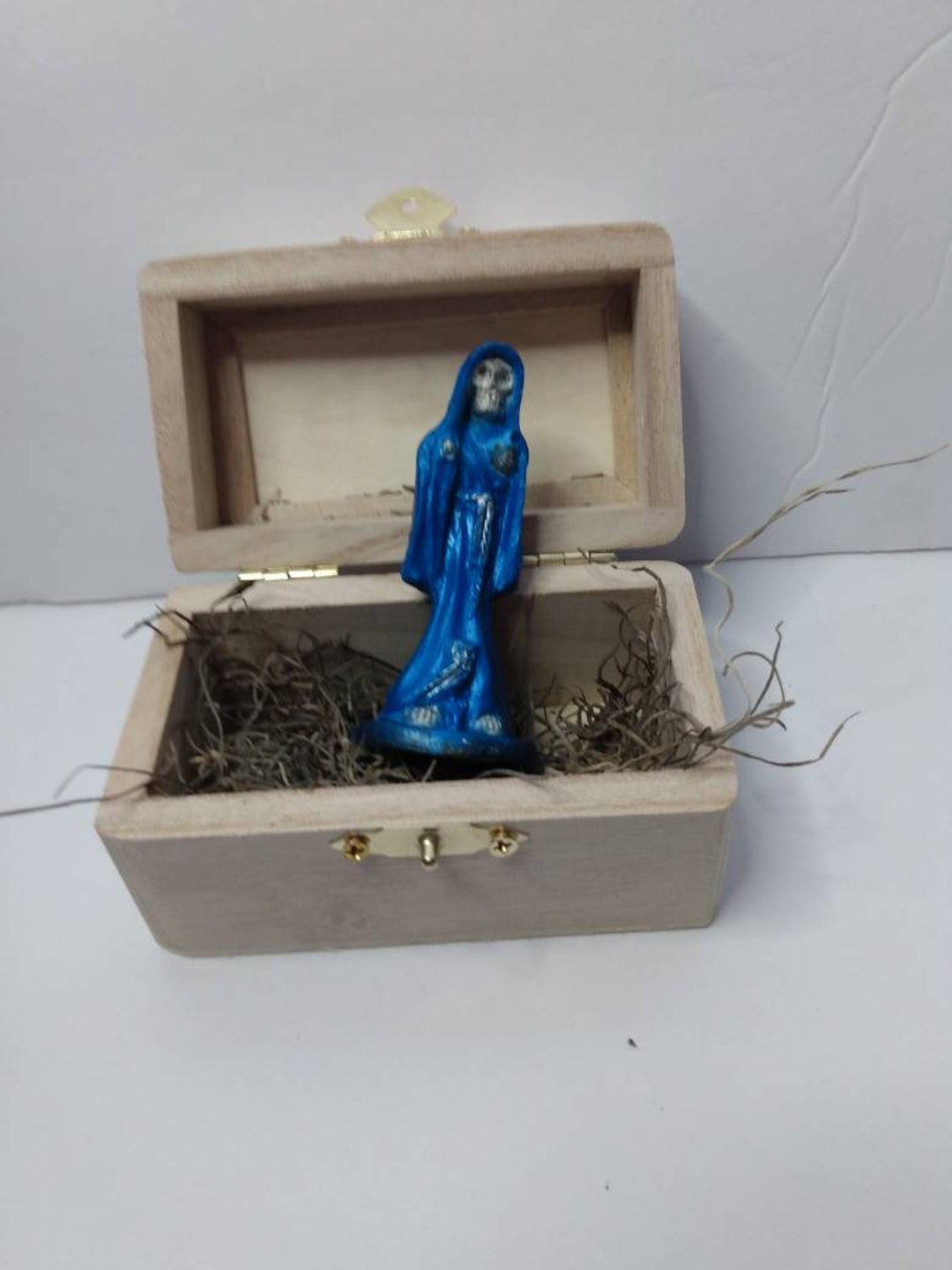 Santa Muerte Holy Death Small Box Perfect Fit! Blue Statue With Wooden ...