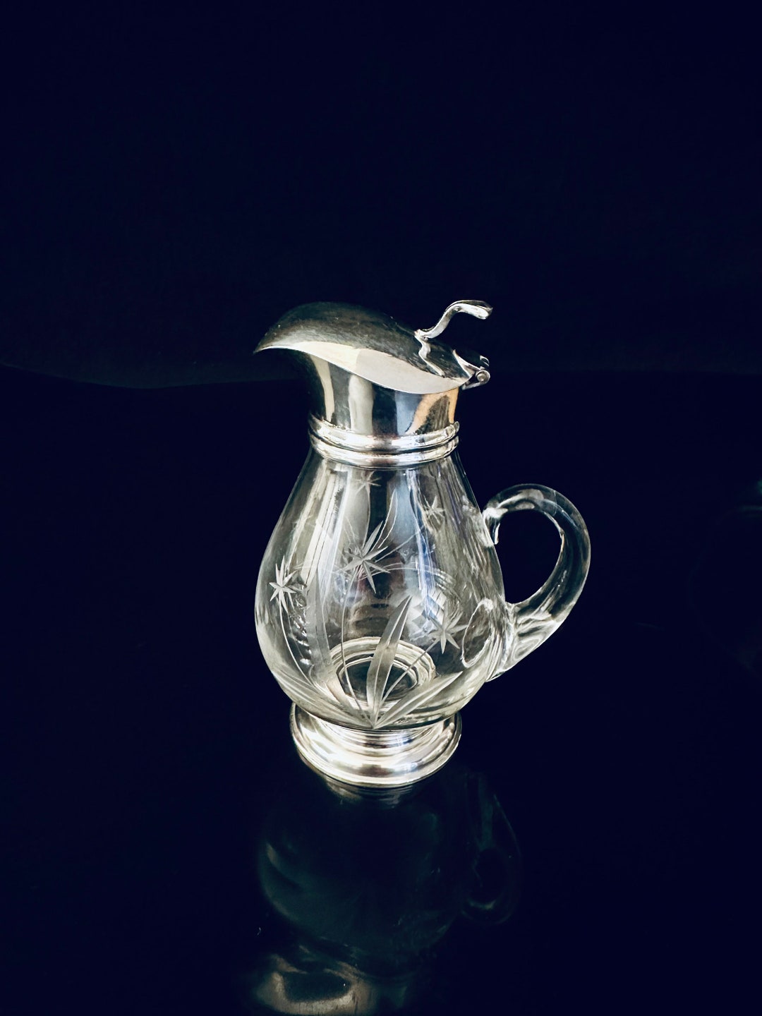 Antique Sterling and Etched Glass Syrup Jug - Etsy