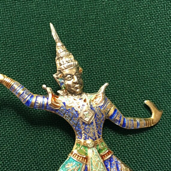 ON SALE Sterling Silver Enameled Siam Dancing Man Pin - Gem