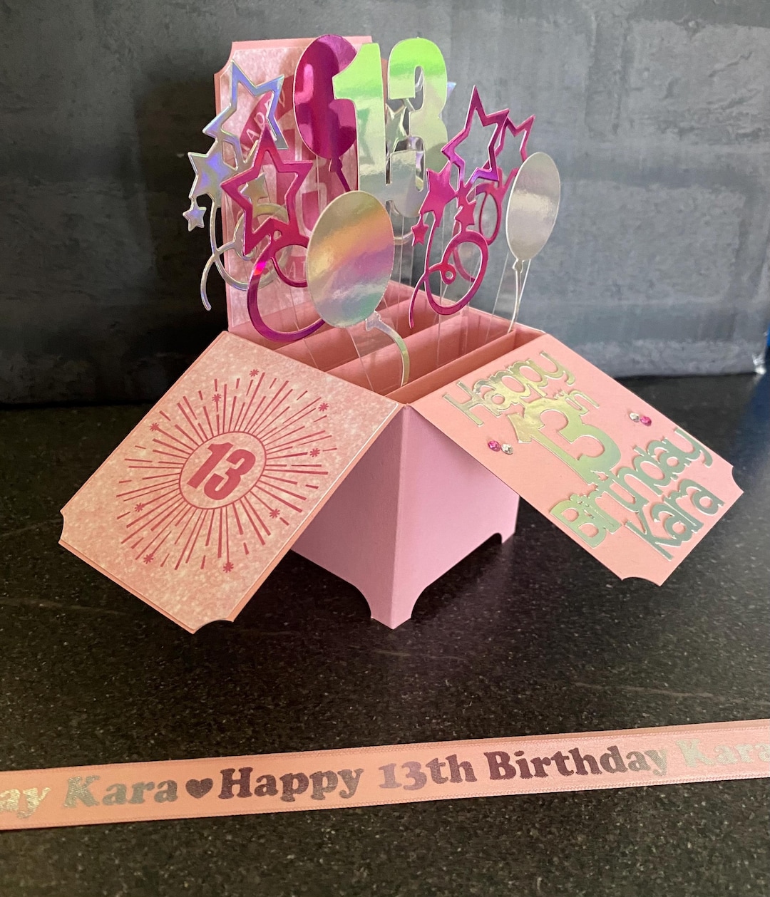 Pink, 13th Birthday Card, Personalised, Pop up Box Card, 13, Birthday ...