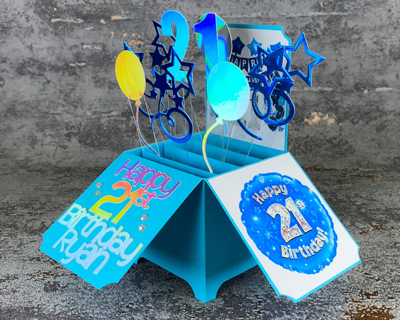 21st Birthday Card, Pop up Box Card, Birthday Card, 21, Blue, Silver ...