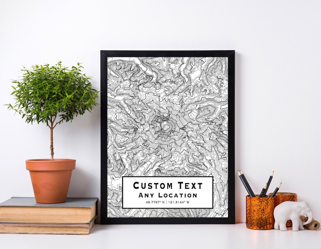 Custom Topography Map | Black and White | ANY LOCATION | Physical Print ...