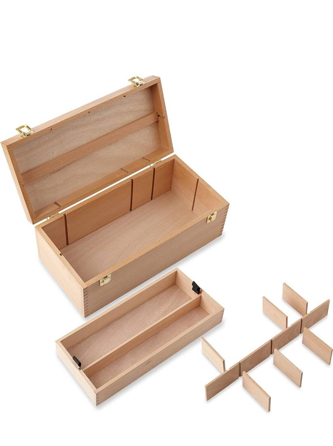 Solid Beech Wooden Tool Box, Art Supply Wood Chest Box for Paint Brush ...