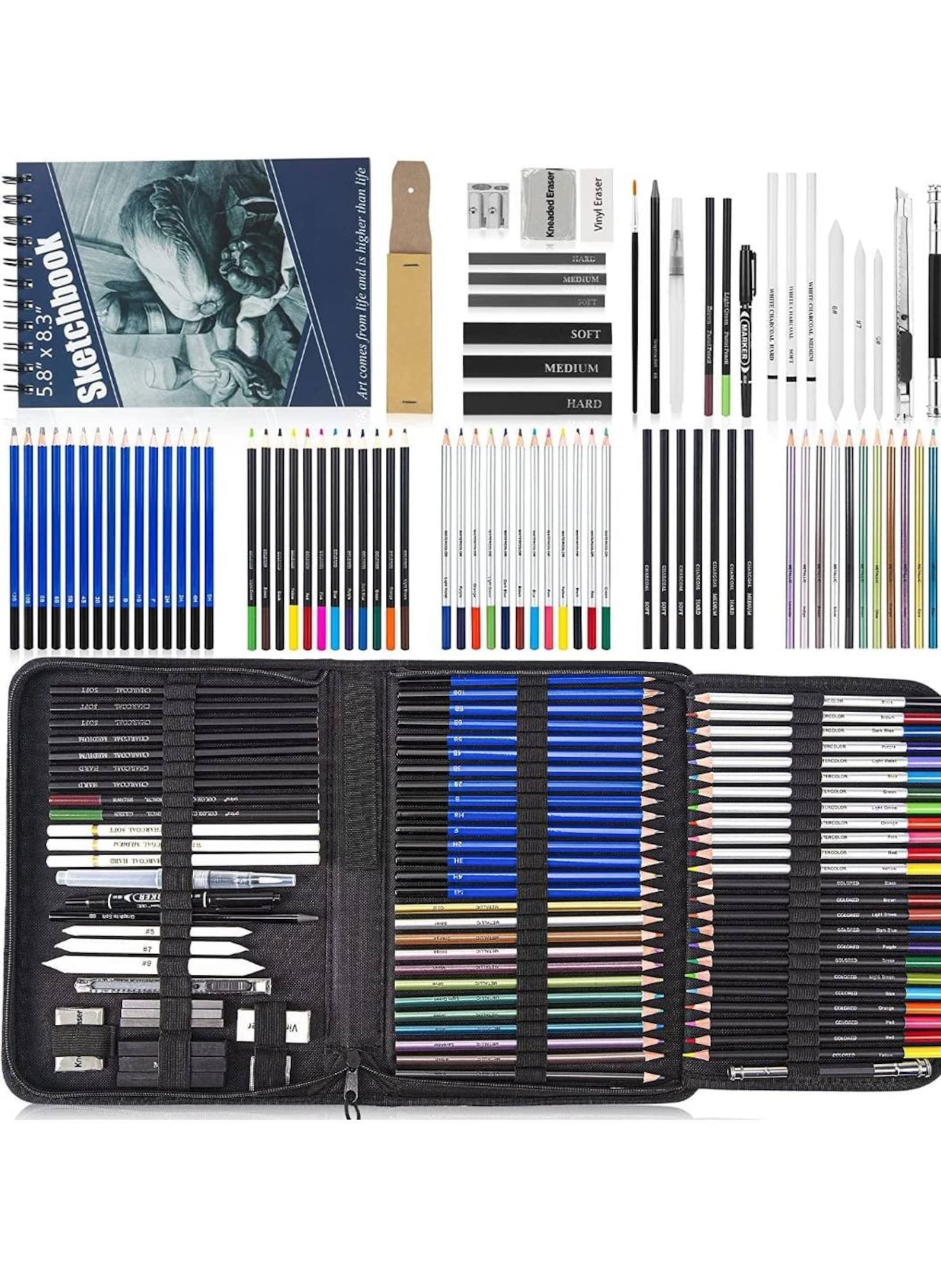 84 Pack Drawing Pencils Set With Sketchbook & Charcoal, Graphite ...