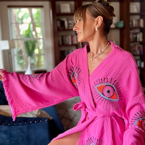 Organic Cotton Boho Robe, Pink Kimono Summer Wrap, Loungewear Evil Eye ...