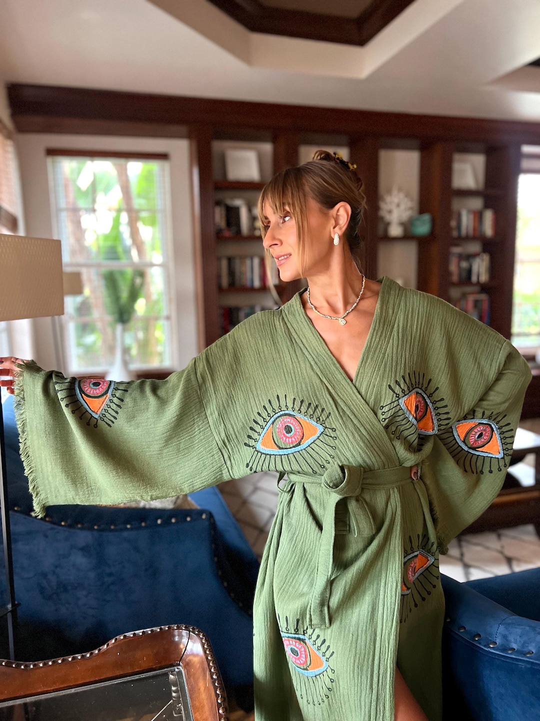 Relaxed Fit Morning Robe,spa Day Robe,evil Eye Bathrobe,bohemian Kimono ...