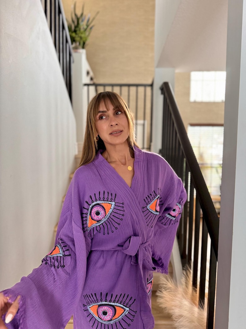Evil Eye Turkish Cotton Robe, Boho Kaftan Kimono, Handprinted Design ...