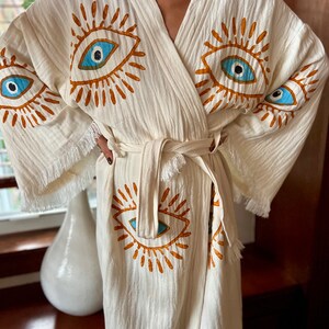 Organic Cotton Kimono Dress, Lightweight Turkish Cotton Robe With Evil ...