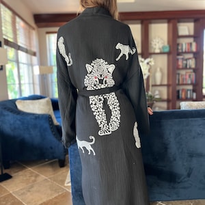 Stone Printed Muslim Kimono, Organic Cotton Handmade Caftan Robe, Boho ...