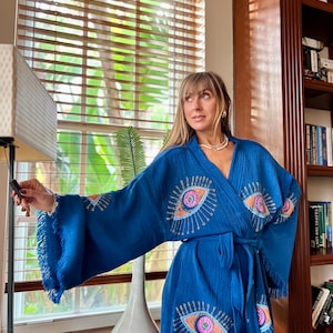 Organic Cotton Boho Robe, Pink Kimono Summer Wrap, Loungewear Evil Eye ...