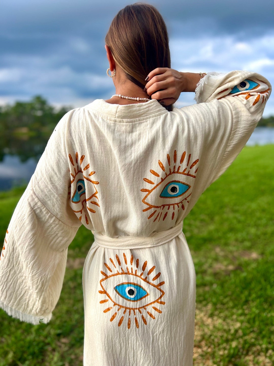 Organic Cotton Boho Robe, Evil Eye Summer Wrap, Loungewear Evil Eye ...