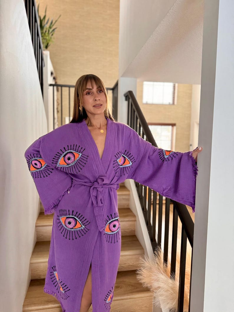 Evil Eye Turkish Cotton Robe, Boho Kaftan Kimono, Handprinted Design ...