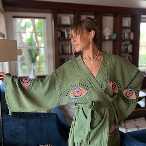 Organic Cotton Boho Robe, Pink Kimono Summer Wrap, Loungewear Evil Eye ...
