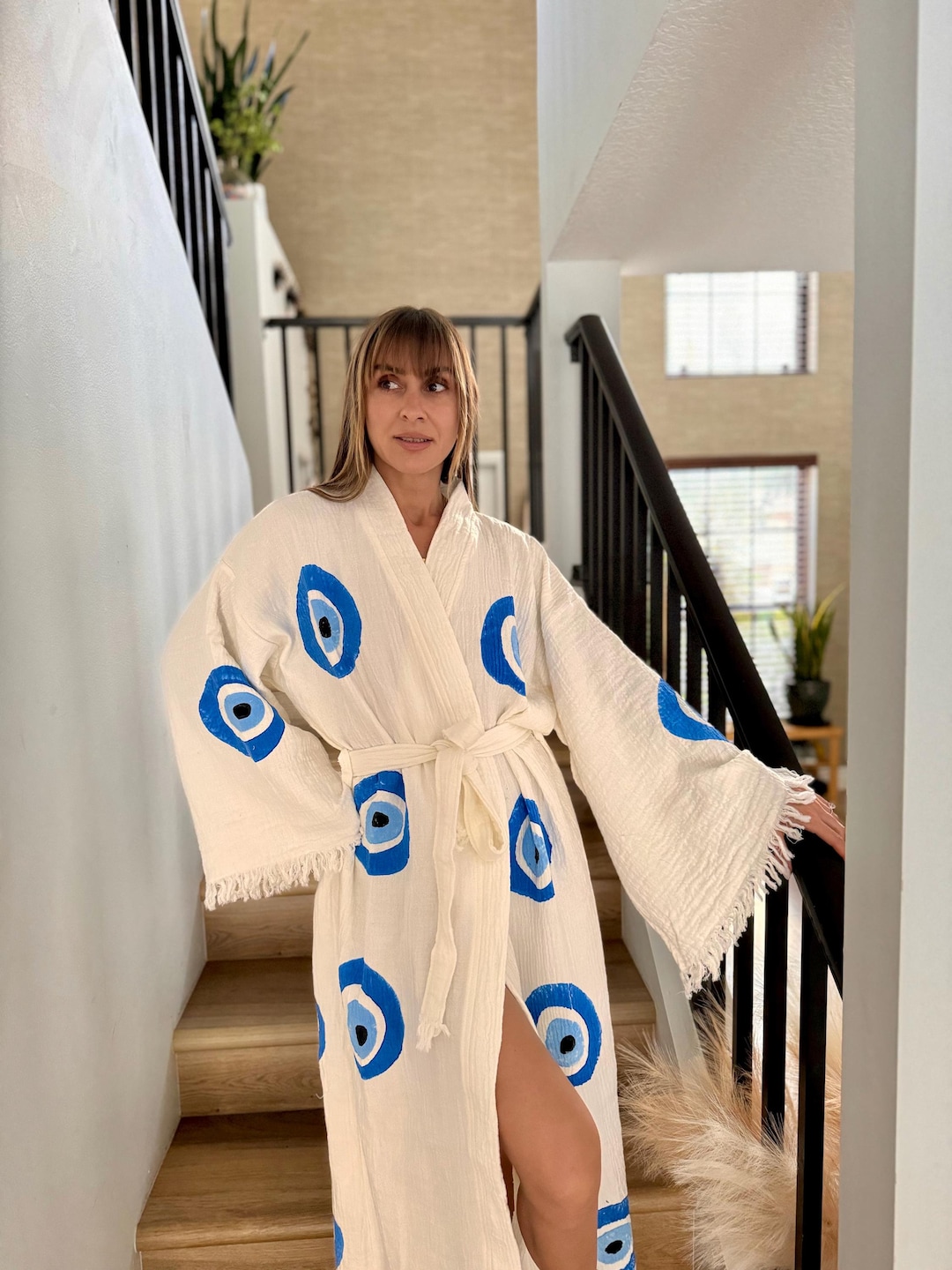 Organic Cotton Evil Eye Robe, Turkish Boho Summer Wrap, Oversized Robe ...