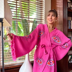 Boho Morning Robe, Organic Cotton Spa Robe, Bridal Robe, Evil Eye ...
