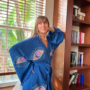 Organic Cotton Boho Robe, Pink Kimono Summer Wrap, Loungewear Evil Eye ...