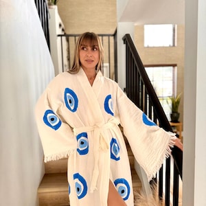 Organic Cotton Kimono Dress, Lightweight Turkish Cotton Robe With Evil ...